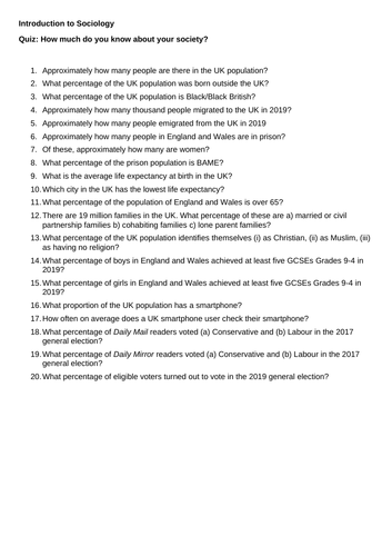 Introduction to Sociology Quiz: a nice starter activity for year 12s ...