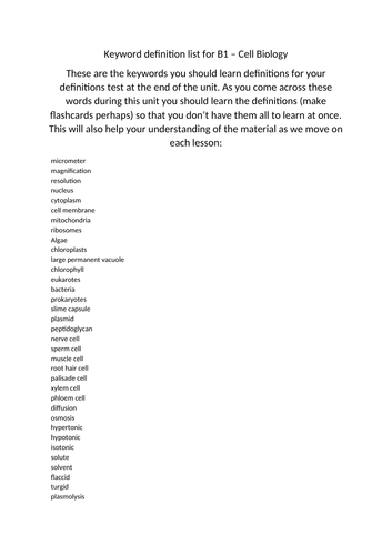 B1 Cell Biology (structure, transport, division) Keyword definitions ...