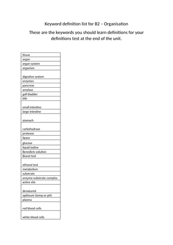 B2 Organisation Biology Keyword definitions and test | Teaching Resources