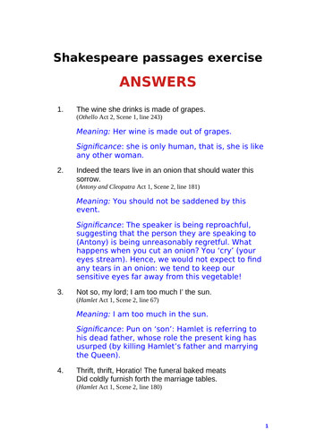 Shakespeare passages exercise | Teaching Resources