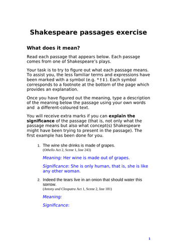 Shakespeare passages exercise | Teaching Resources