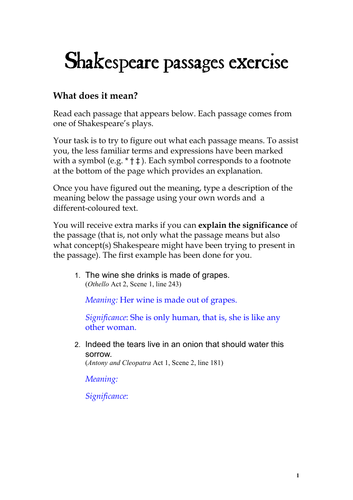 Shakespeare passages exercise | Teaching Resources