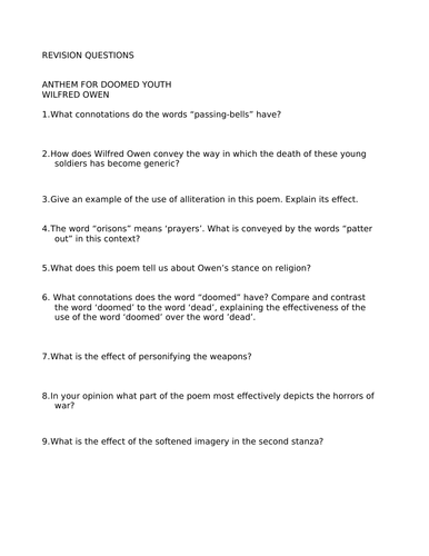revision questions WILFRED OWEN 'ANTHEM FOR DOOMED YOUTH' GCSE ENGLISH ...
