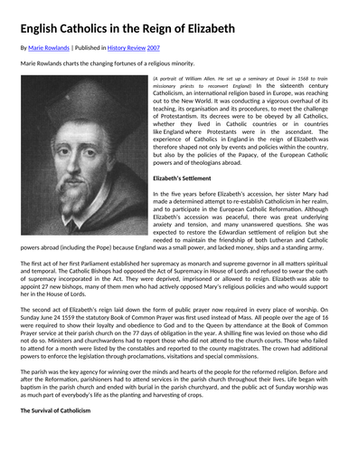 Elizabethan England - Religious opposition | Teaching Resources