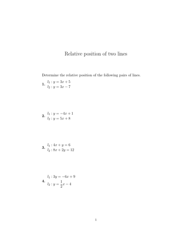 Relative position of two lines worksheet (with solutions) | Teaching ...