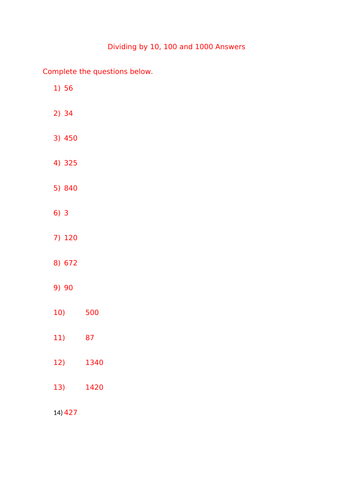 Year 5 Four Operations - Dividing by 10, 100 and 1000 Double Lesson ...