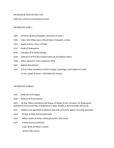 A timeline of the life and works of John Milton in the context of ...