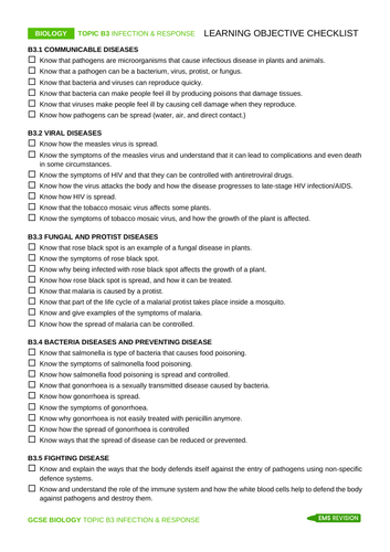 BIO | B3 INFECTION & RESPONSE (LEARNING OBJECTIVE CHECKLIST) | Teaching Resources
