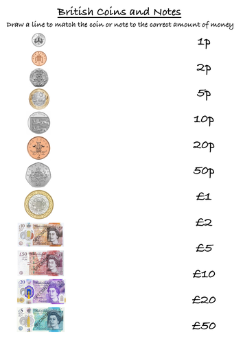 British Money Match-up Worksheet | Teaching Resources