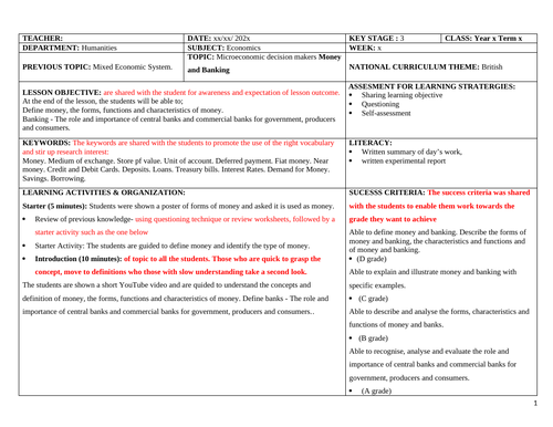 Money and Banking Lesson Plan IGCSE Economics | Teaching Resources