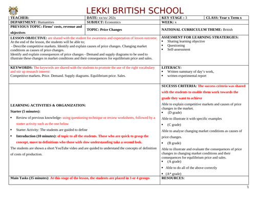 Price Changes Lesson Plan IGCSE Economics | Teaching Resources