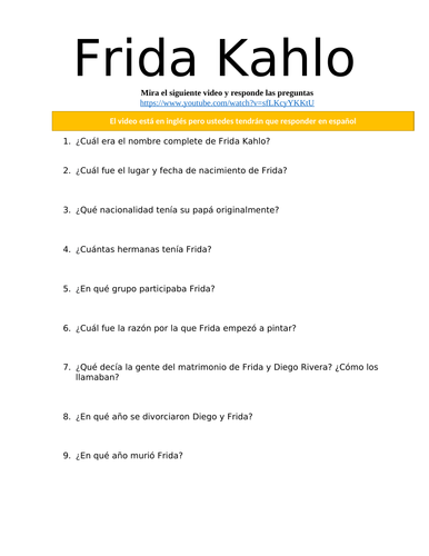 Frida Kahlo Spanish and English worksheet with answers | Teaching Resources