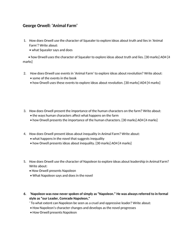 gcse english literature exam questions on ANIMAL FARM George Orwell ...