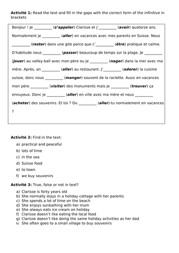 GCSE French regular present tense practice (Holidays) | Teaching Resources