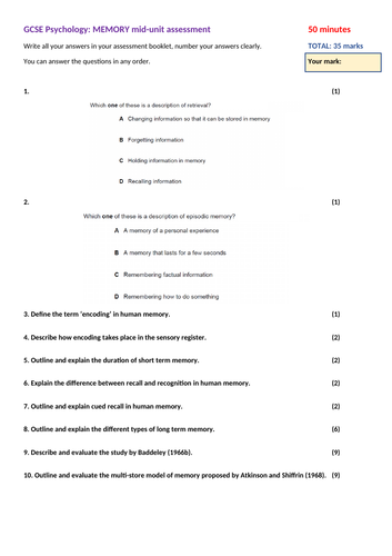 AQA GCSE Psychology MEMORY | Teaching Resources AQA GCSE Psychology MEMORY | Teaching Resources