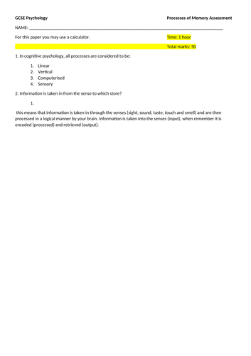 AQA GCSE Psychology MEMORY | Teaching Resources