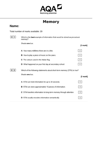 AQA GCSE Psychology MEMORY | Teaching Resources