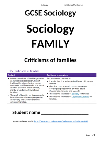 AQA GCSE Sociology FAMILY | Teaching Resources