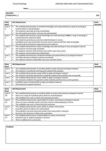OCR A Level Sociology MARKING GRIDS | Teaching Resources