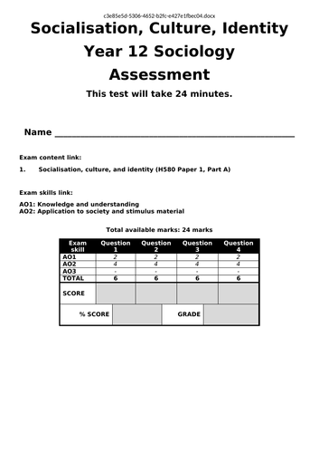 OCR A Level Sociology ASSESSMENTS: Culture, Socialisation, Identity ...