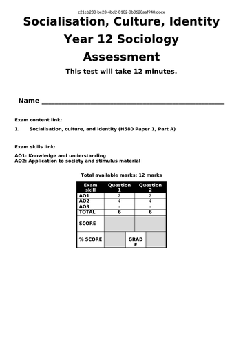OCR A Level Sociology ASSESSMENTS: Culture, Socialisation, Identity ...