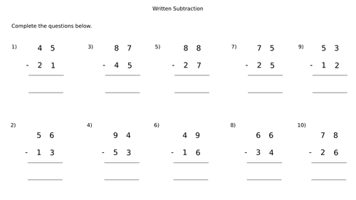 Written Subtraction (2 by 2 with no exchange) Worksheets | Teaching ...