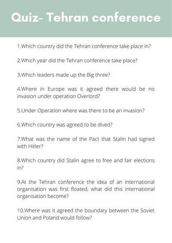 Tehran conference Quiz / History A level/ The Cold War | Teaching Resources
