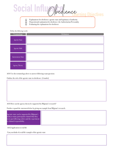 AQA A Level Psychology: Social Influence - Obedience Resources ...