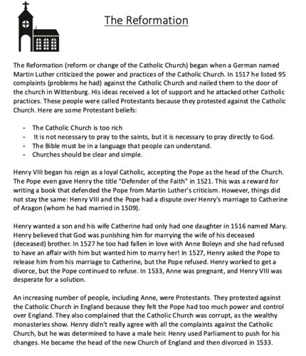 The Reformation in England Reading Comprehension KS2 KS3 Henry VIII ...