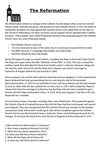 The Reformation in England Reading Comprehension KS2 KS3 Henry VIII ...