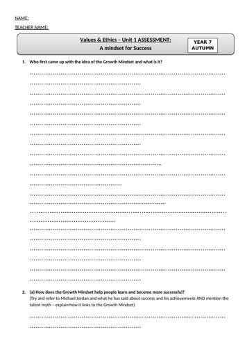 PSHE Mindset Assessment & Assessment Resources - Yr7 | Teaching Resources