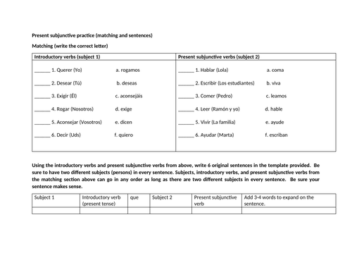 Subjunctive matching and sentences regular verbs | Teaching Resources