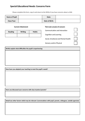SEND School Concern Form | Teaching Resources