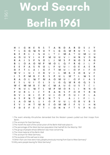 Berlin 1961 / Word search / History A level / The Cold War | Teaching ...