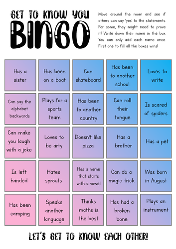 Get to know you BINGO- new class activity | Teaching Resources