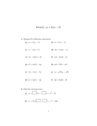 Identity (a+b)(a-b) worksheet no 3 (with solutions) | Teaching Resources