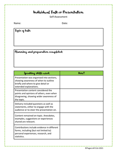 Individual Talk Self Assessment | Evaluation and Reflection | Two-sided ...