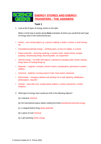 GCSE PHYSICS - ENERGY STORES AND ENERGY TRANSFERS WORKSHEET | Teaching ...