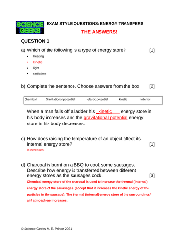 GCSE ENERGY STORES AND ENERGY TRANSFERS EXAM STYLE QUESTIONS ...