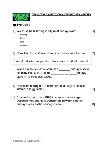GCSE ENERGY STORES AND ENERGY TRANSFERS EXAM STYLE QUESTIONS ...