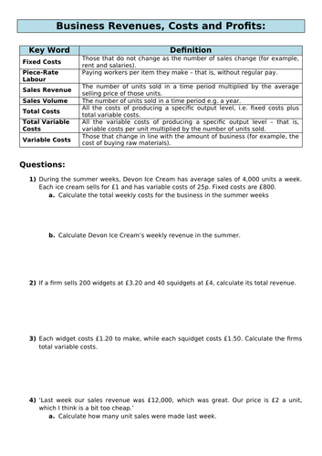 Revenues, Costs, Profits Worksheet - GCSE (9-1) Business | Teaching ...