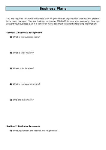 Business Plans Worksheet - GCSE (9-1) Business | Teaching Resources