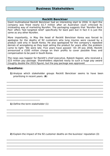 Stakeholders Worksheet - GCSE (9-1) Business | Teaching Resources