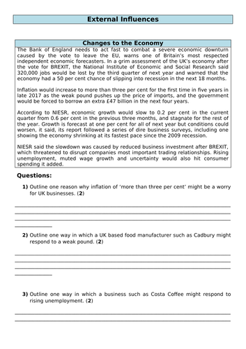 External Influences Worksheet - GCSE (9-1) Business | Teaching Resources