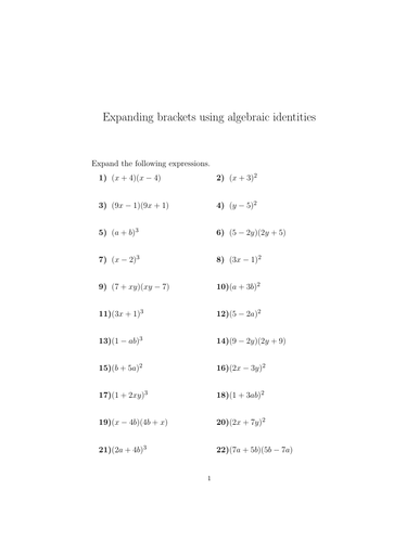 Expanding brackets using algebraic identities worksheet (with solutions ...