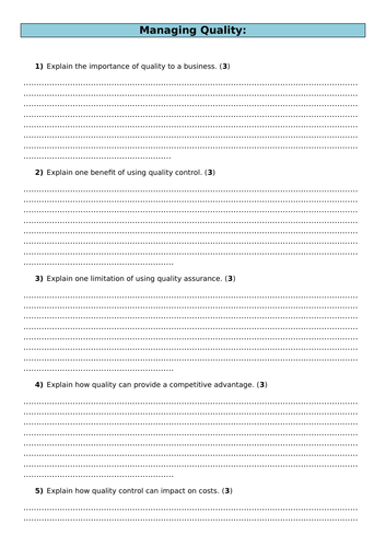 Managing Quality Worksheet - GCSE (9-1) Business | Teaching Resources