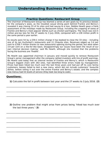 Understanding Business Performance Worksheet - GCSE (9-1) Business ...