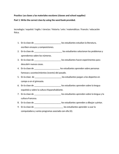 Practice: Las clases y las materiales escolares | Teaching Resources