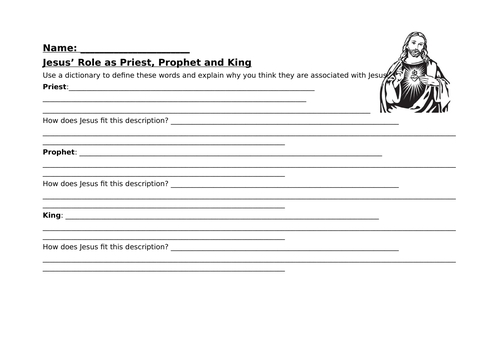 Jesus - Priest, Prophet and King worksheet | Teaching Resources
