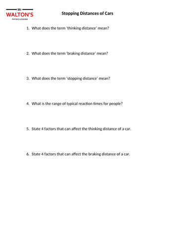 Stopping distances worksheet and video | Teaching Resources